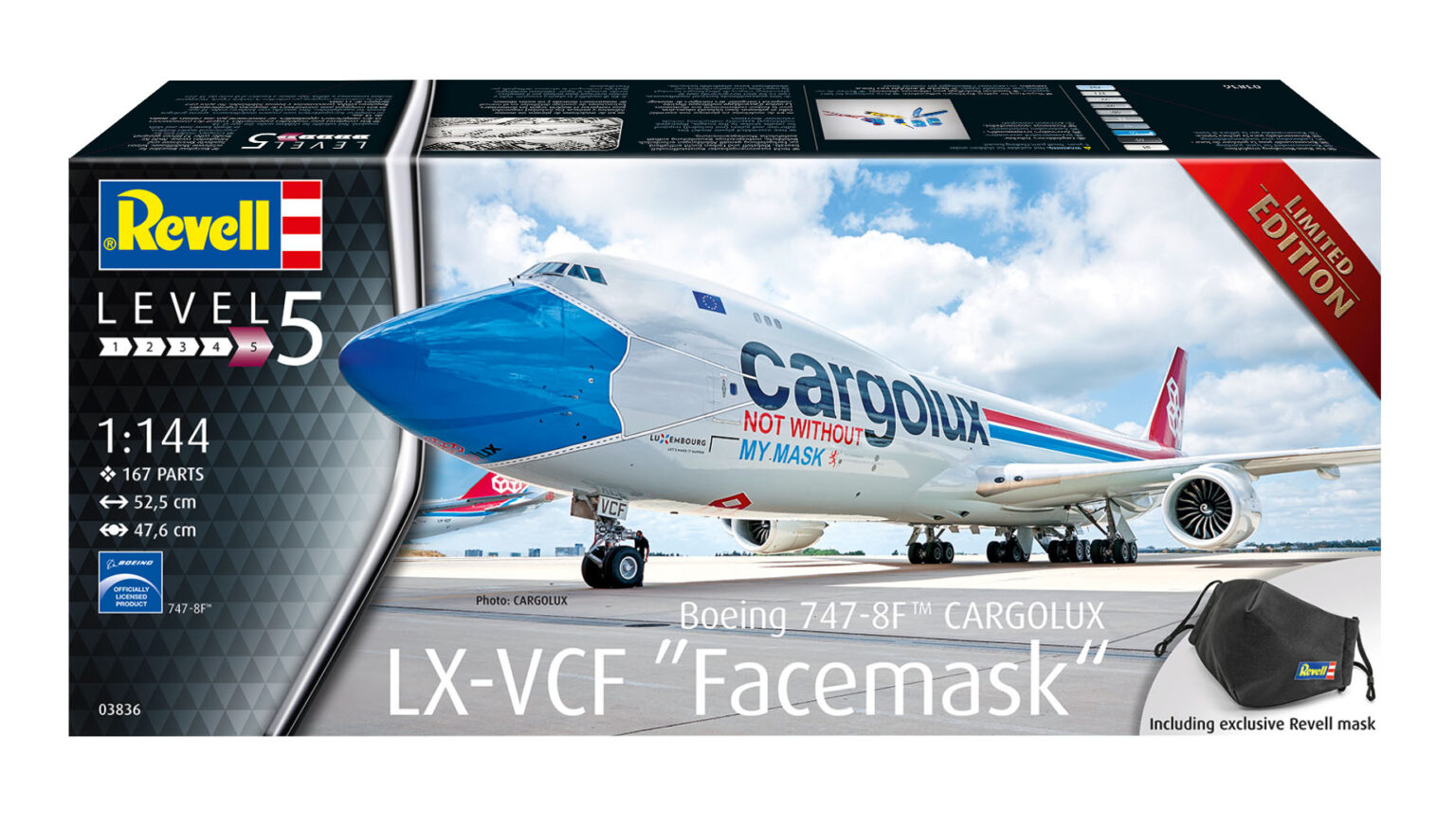 "Maske auf" auch bei der Boeing 747-8F Cargolux - inkl. Revell-Maske 1:144